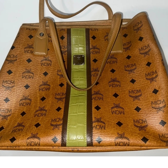 MCM | Bags | Mcm Rare Vintage Visetos Large Brown Tote With Lime Green ...